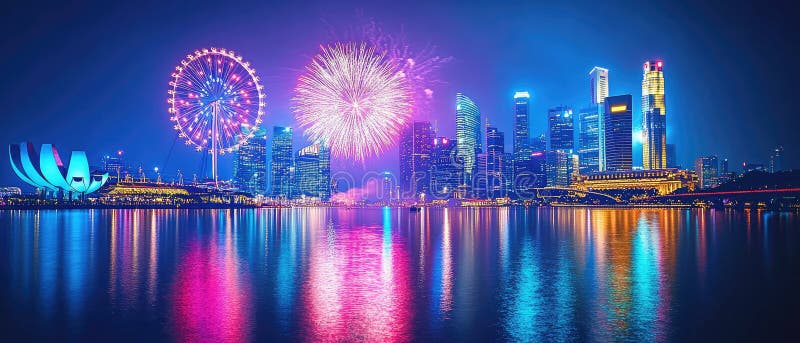FIREWORKS OVER CITY SKYLINE REFLECTED in WATER at NIGHT Stock ...