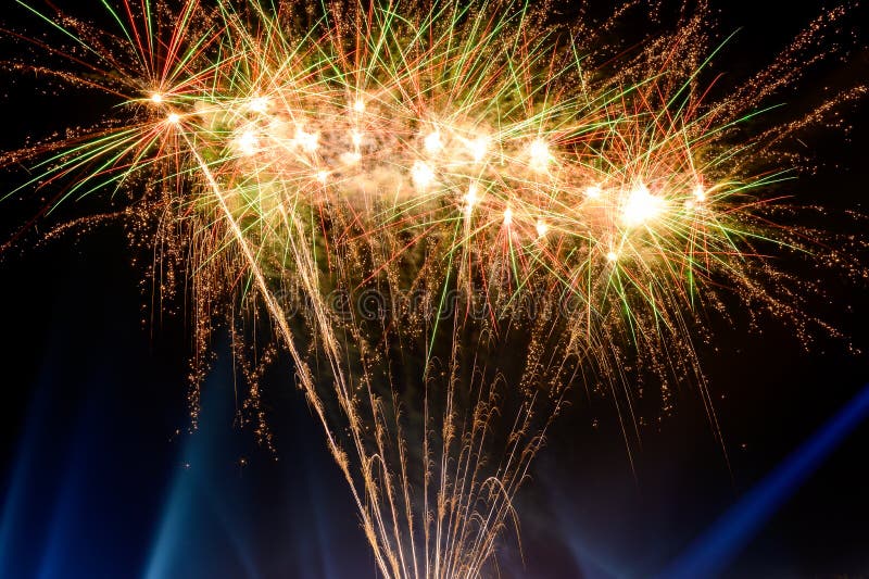 Fireworks Exploding Over the Ocean at Night Stock Photo - Image of ...