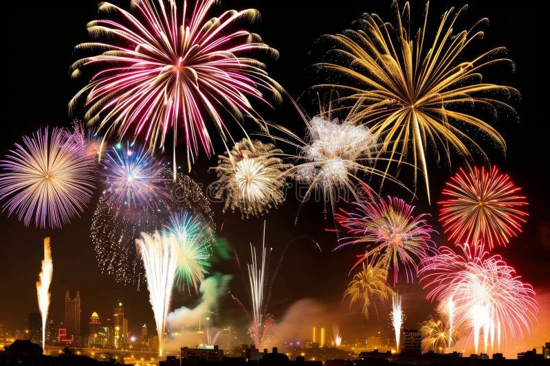 Colorful Fireworks Exploding and Lighting Up the Night Sky Over the ...