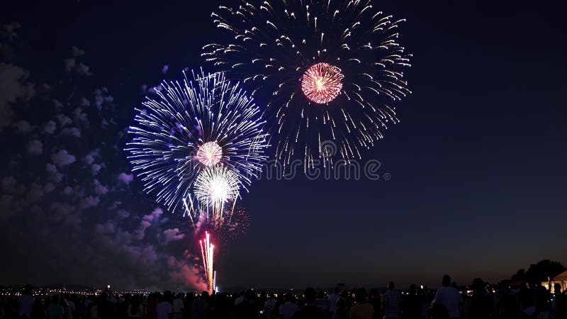 Vibrant Fireworks Bursting Overhead, Silhouetted Crowd Watching ...
