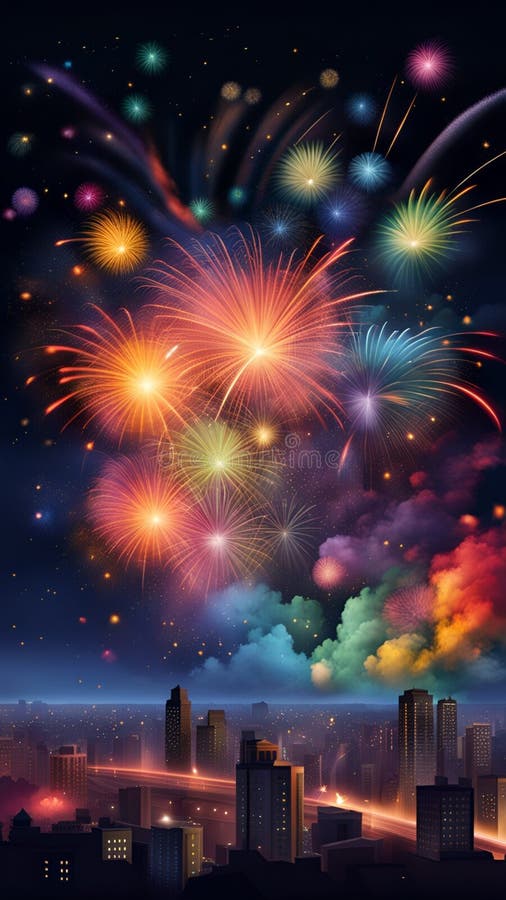 Colorful Fireworks Exploding in the Night Sky Over a City AI Generated ...