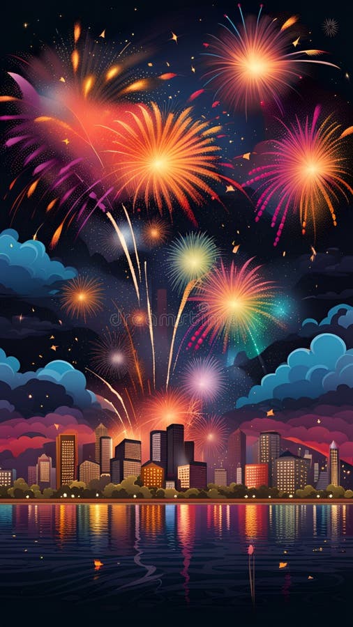 Colorful Fireworks Exploding in the Night Sky Over a City AI Generated ...