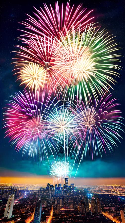 Colorful Fireworks Exploding in the Night Sky Over a City Illustration ...