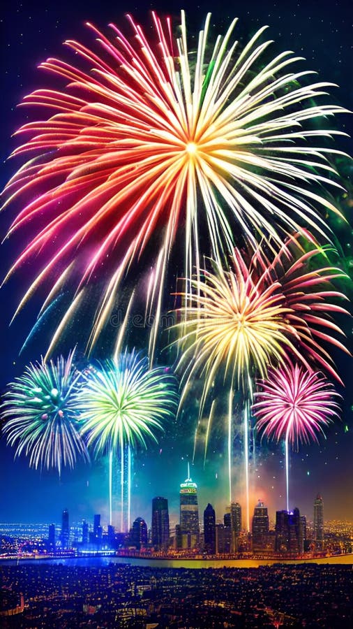 Colorful Fireworks Exploding in the Night Sky Over a City Illustration ...