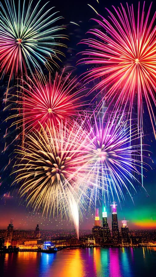 Colorful Fireworks Exploding in the Night Sky Over a City Illustration ...