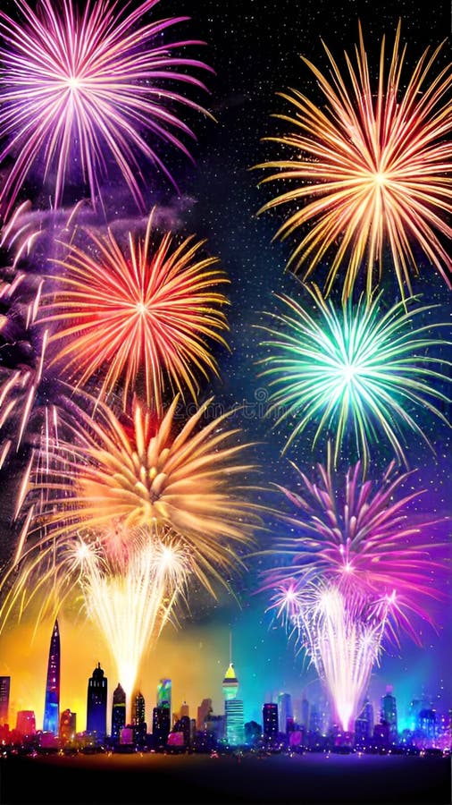 Colorful Fireworks Exploding in the Night Sky Over a City Illustration ...