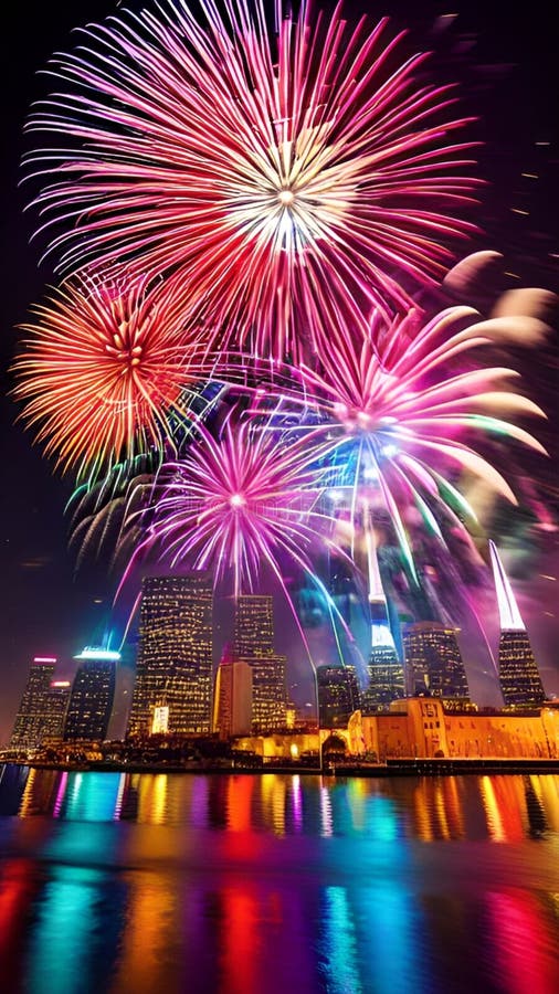 Colorful Fireworks Exploding in the Night Sky Over a City Illustration ...