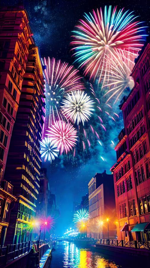 Colorful Fireworks Exploding in the Night Sky Over a City Illustration ...