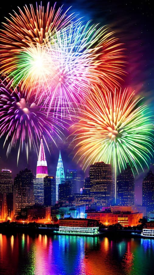 Colorful Fireworks Exploding in the Night Sky Over a City Illustration ...
