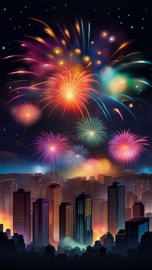 Colorful Fireworks Exploding in the Night Sky Over a City Illustration ...