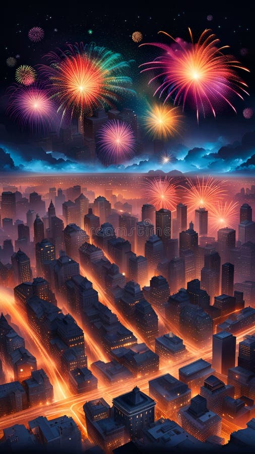 Colorful Fireworks Exploding in the Night Sky Over a City Illustration ...