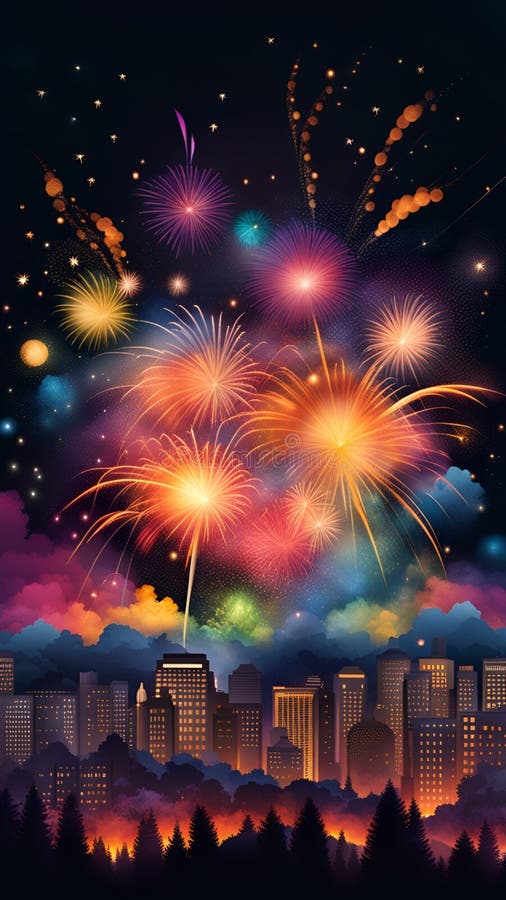 Colorful Fireworks Exploding in the Night Sky Over a City Illustration ...