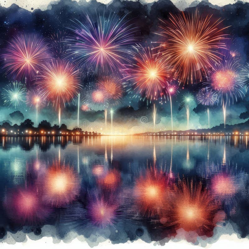 Colorful Fireworks Exploding in Night Sky with Reflections on Lake ...