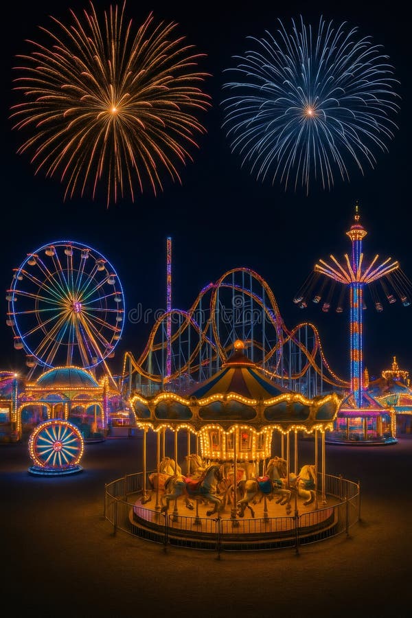 Colorful Fireworks Exploding Over Amusement Park Rides at Night Stock ...