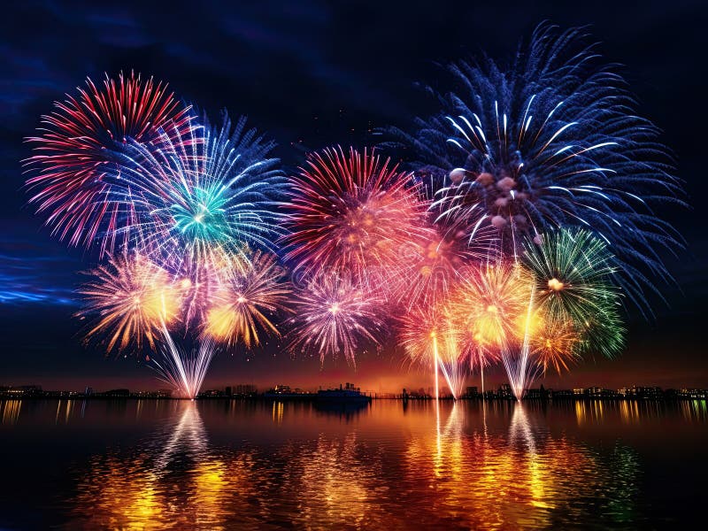 Colorful Fireworks Exploding Over Calm Waterfront at Night with ...