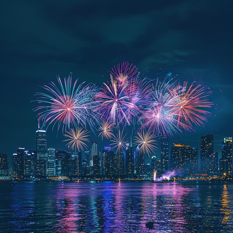 Colorful Fireworks Exploding Over the City Skyline during National ...
