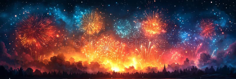 Colorful Fireworks Exploding Over a City Skyline at Night. Generated by ...