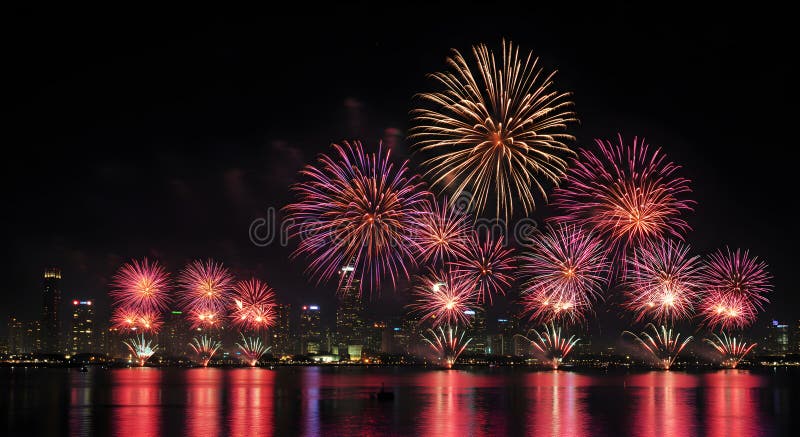 Generative AI. Fireworks Exploding Over City Skyline at Night ...