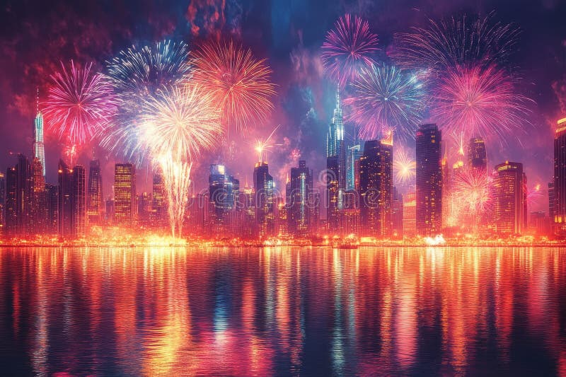 Colorful Fireworks Display Over Cityscape Night Reflected Water Stock ...
