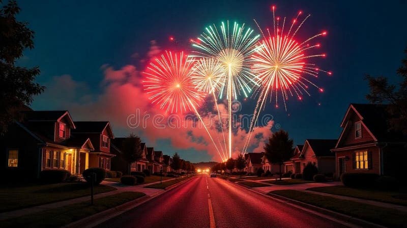 Colorful Fireworks Exploding Over a Neighborhood Stock Illustration ...