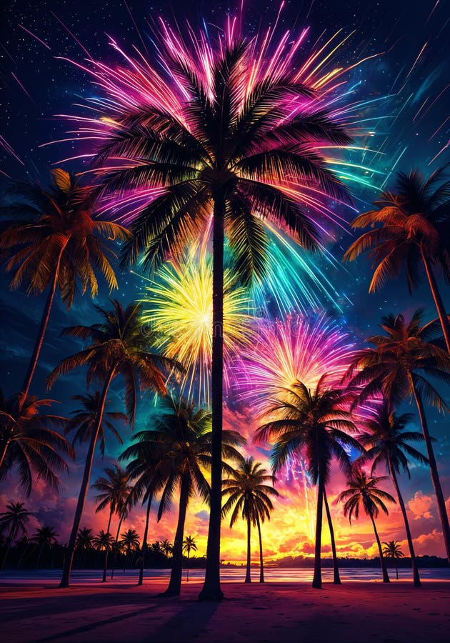 Palm Tree Fireworks Stock Illustrations – 359 Palm Tree Fireworks Stock ...