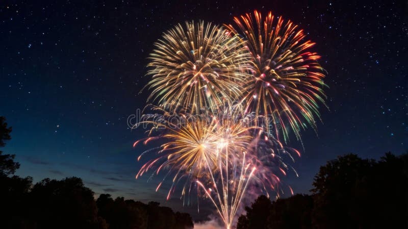 Fireworks Exploding Over Trees at Night Illuminating the Sky Stock ...