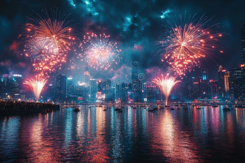 Colorful Fireworks Exploding Over Skyline during Festive Celebration ...