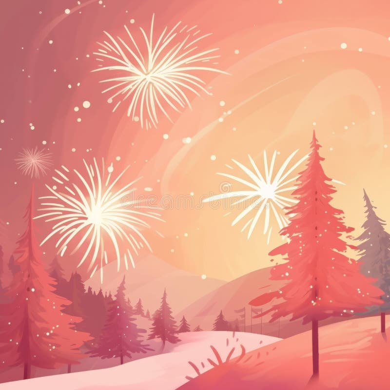 Colorful Fireworks Exploding Over a Snowy Mountain Landscape with Pine ...