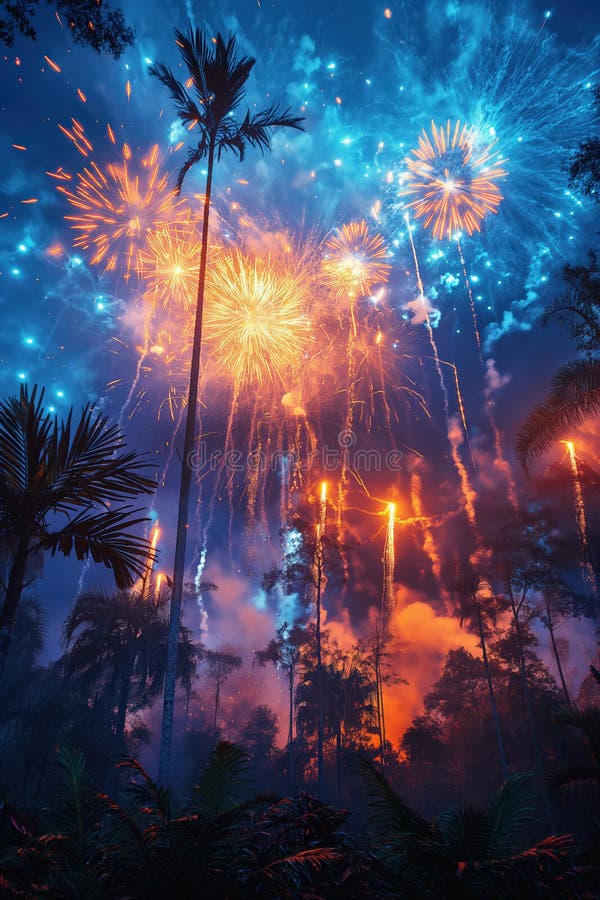 Colorful Fireworks Exploding Over Tropical Rainforest at Night Stock ...