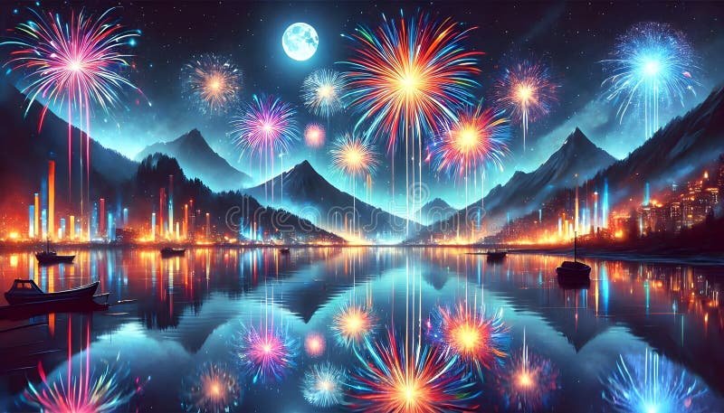 Colorful Fireworks in Moonlight Night, with Mountains and Builsings ...