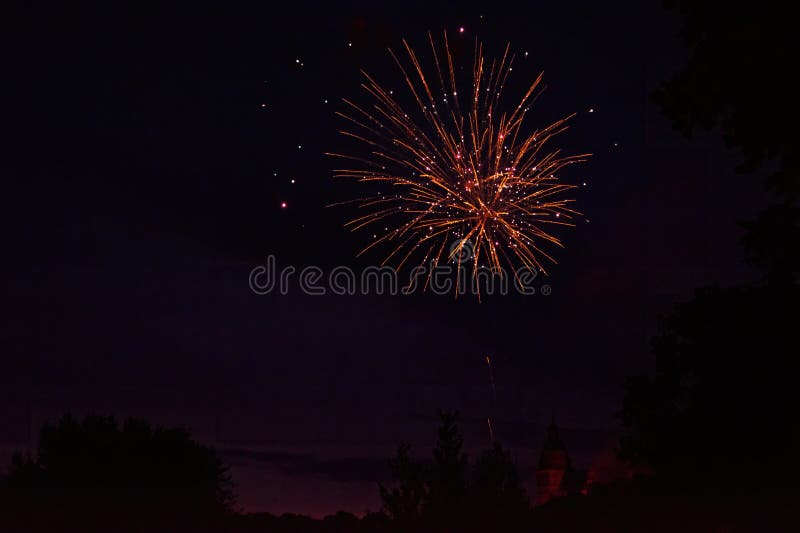 Colorful Fireworks at Night with a Dark Tree and a Castle in the ...
