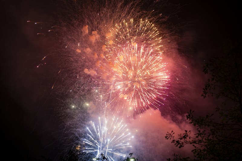 Colorful Fireworks at Night. Stock Photo - Image of night, telephoto ...