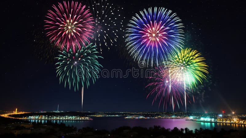 Colorful Fireworks in the Night Sky Stock Illustration - Illustration ...