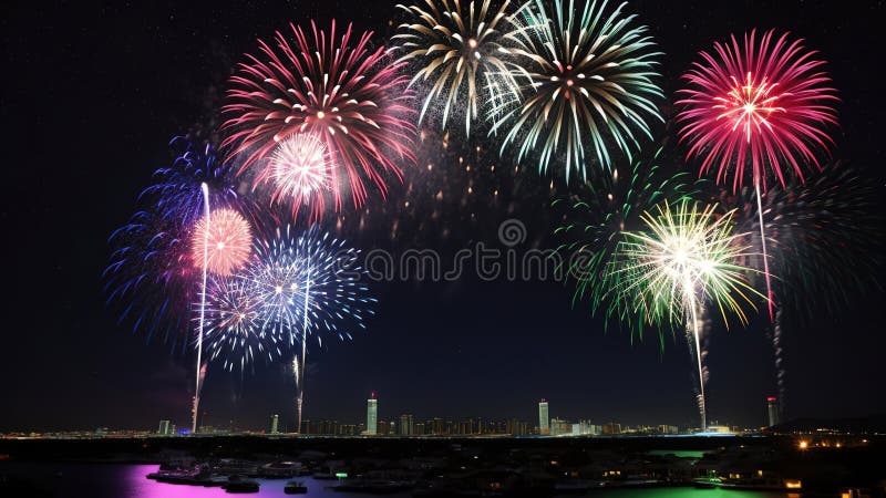 Colorful Fireworks in the Night Sky Stock Illustration - Illustration ...