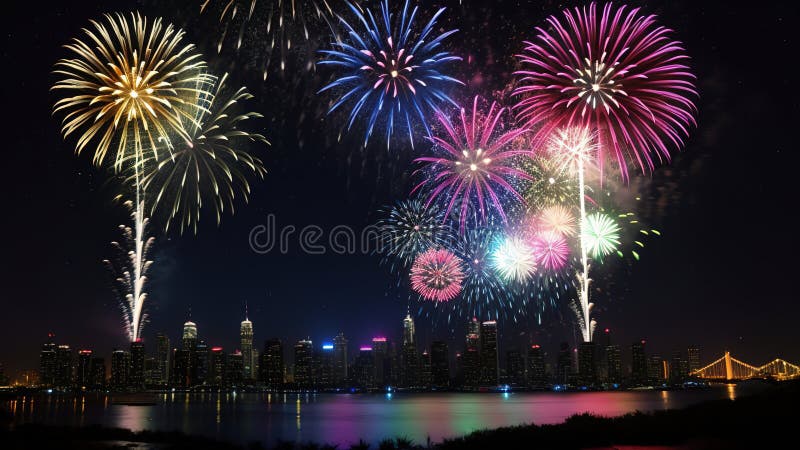 Colorful Fireworks in the Night Sky Stock Illustration - Illustration ...