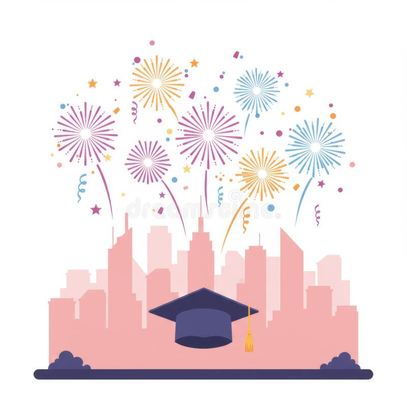 Colorful Fireworks Over City Skyline with Graduation Cap Stock ...