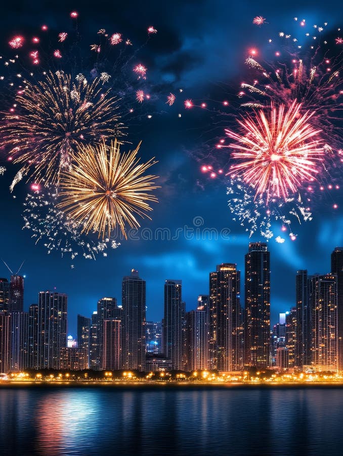 Colorful Fireworks Over City Skyline at Night Festive Fireworks Explode ...