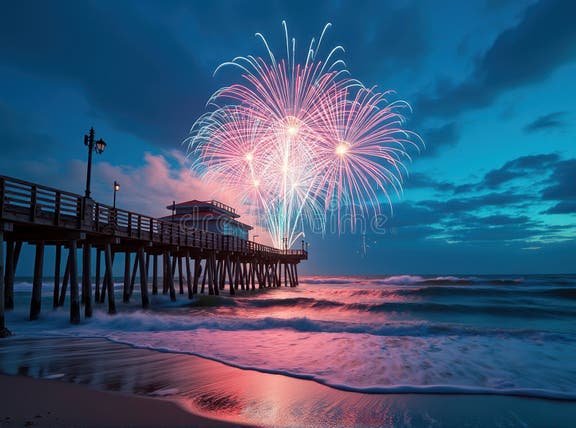 Colorful Fireworks Over Ocean Pier at Sunset Stock Photo - Image of ...