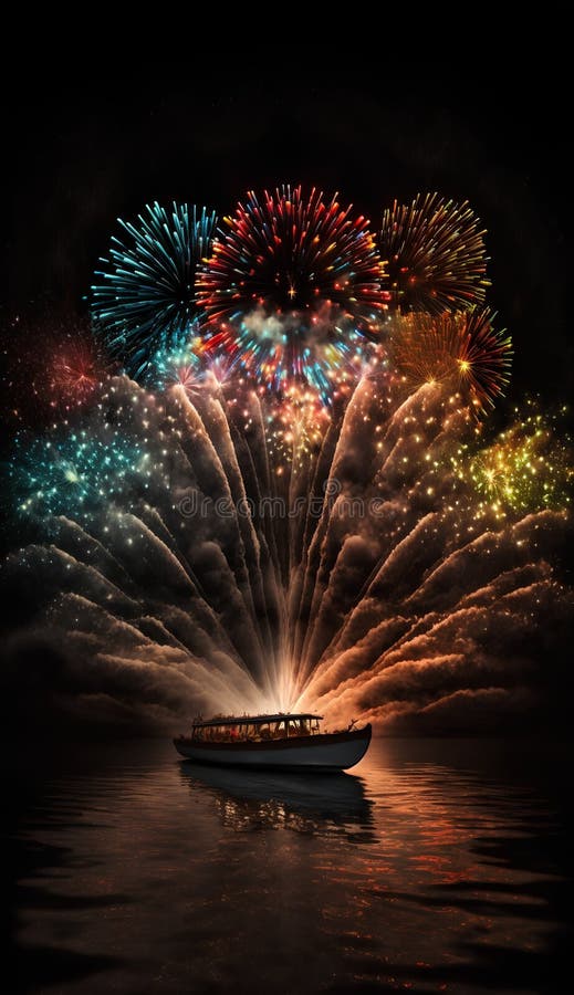 Colorful Fireworks Over Water with Boat in the Foreground, Collage ...