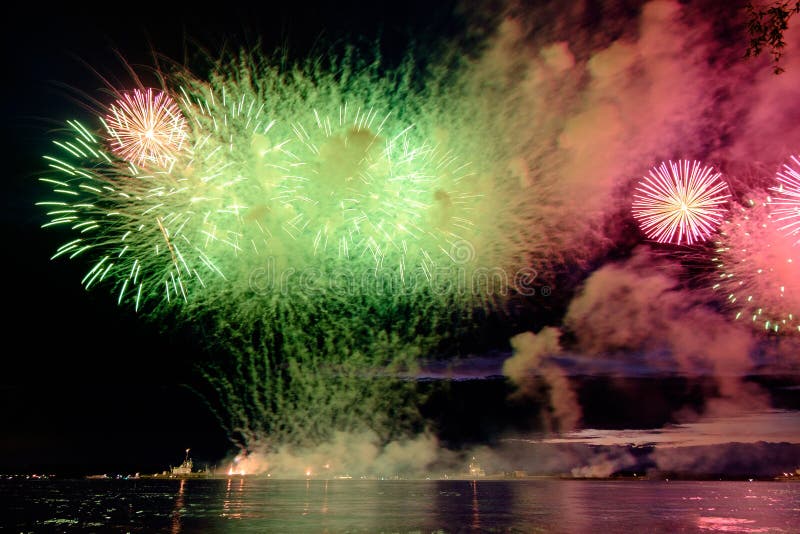 Colorful Fireworks Reflect from Water, Beautiful Scenery Stock Photo ...