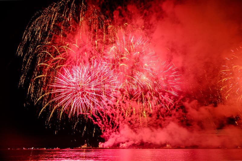 Colorful Fireworks Reflect from Water, Beautiful Scenery Stock Photo ...