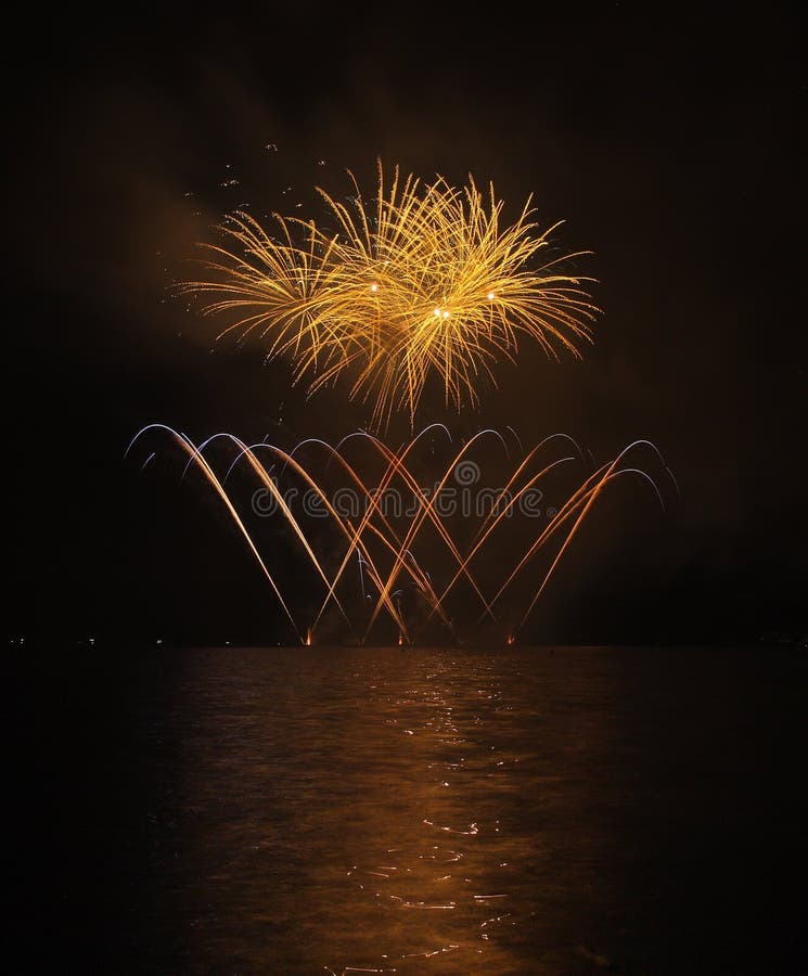Colorful Fireworks with Reflection on Lake. Stock Image - Image of ...