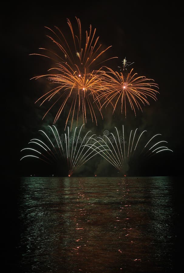 Colorful Fireworks with Reflection on Lake. Stock Image - Image of ...