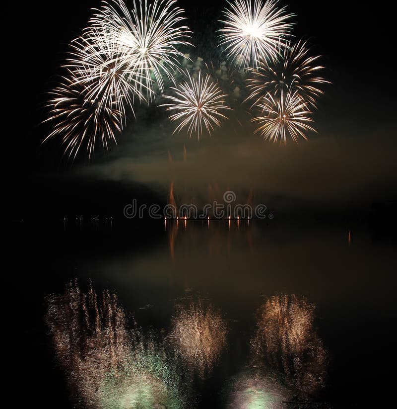 Colorful Fireworks with Reflection on Lake. Stock Photo - Image of ...