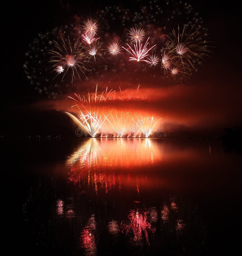 Colorful Fireworks with Reflection on Lake. Stock Photo - Image of ...