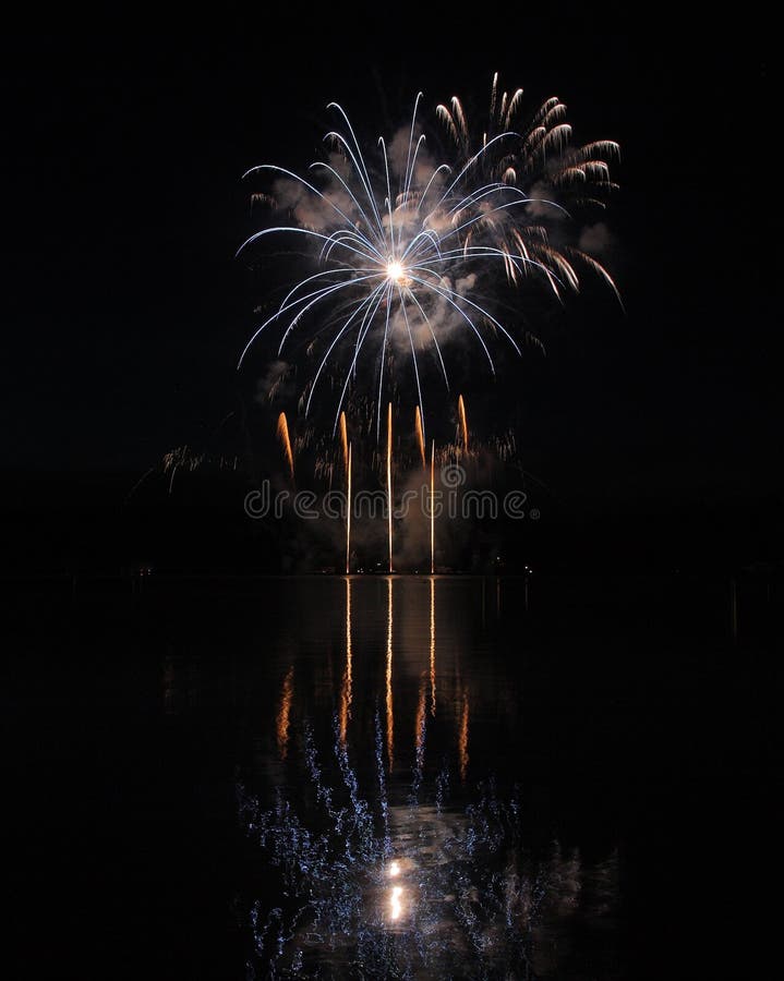 Colorful Fireworks with Reflection on Lake. Stock Image - Image of ...