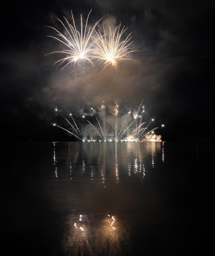 Colorful Fireworks with Reflection on Lake. Stock Image - Image of ...
