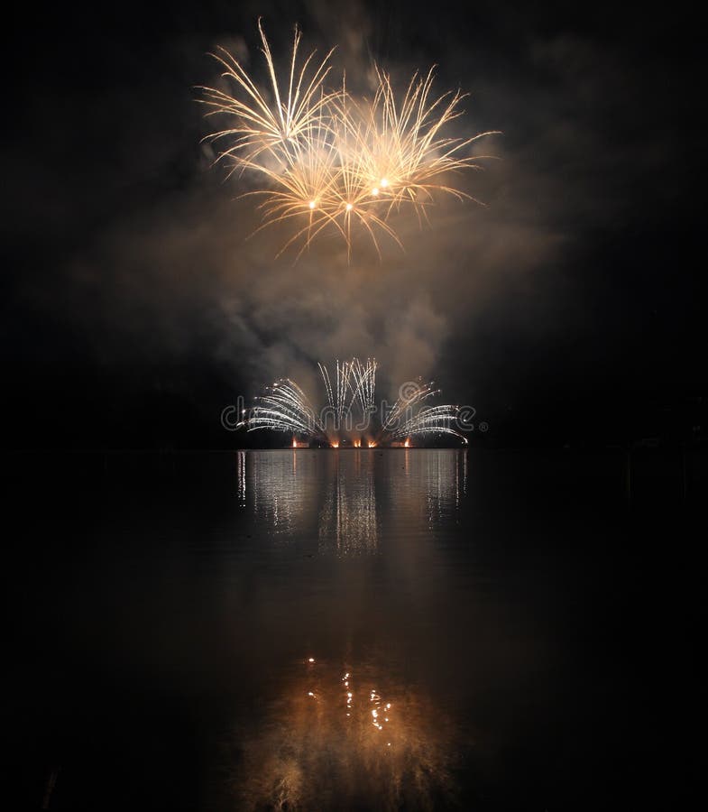 Colorful Fireworks with Reflection on Lake. Stock Image - Image of ...