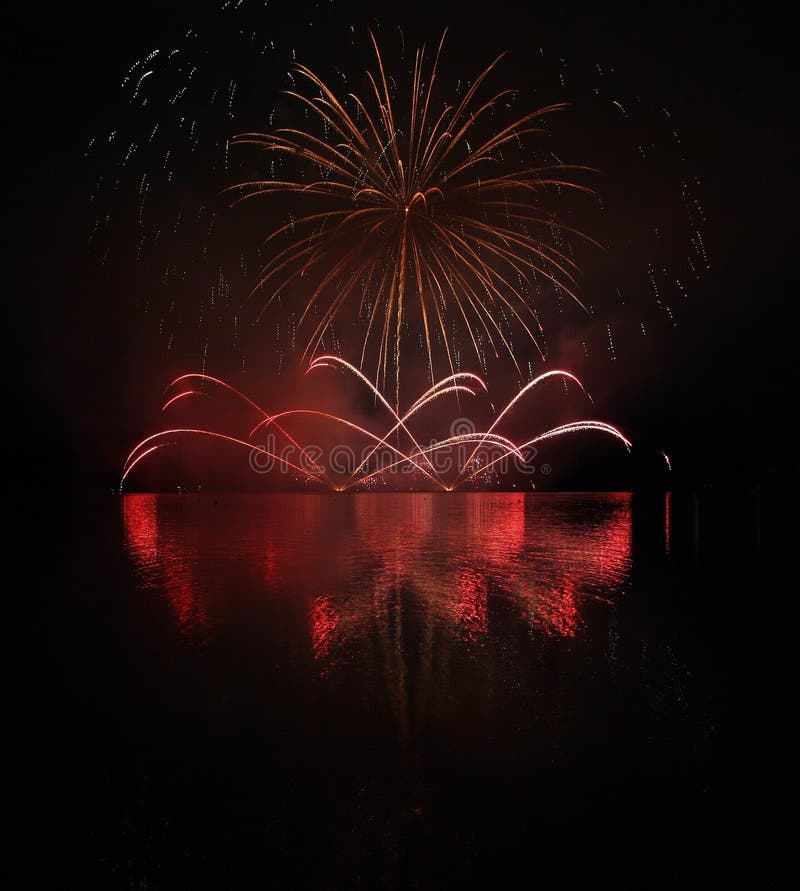 Colorful Fireworks with Reflection on Lake. Stock Image - Image of ...