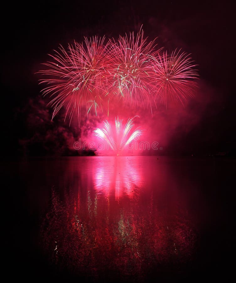Colorful Fireworks with Reflection on Lake. Stock Photo - Image of ...
